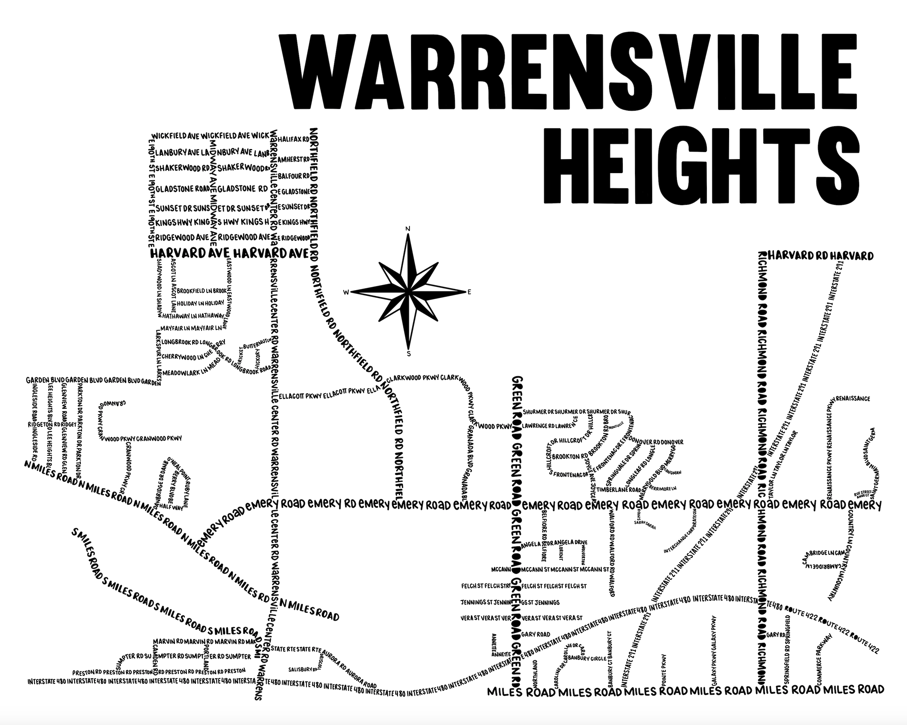 Warrensville Heights Ohio Map Print – Whereabouts Shop